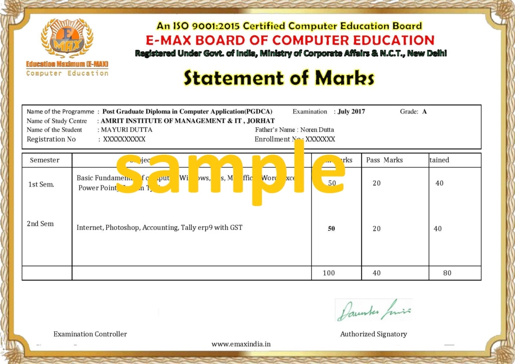 Certificate Sample - E-Max Computer Education