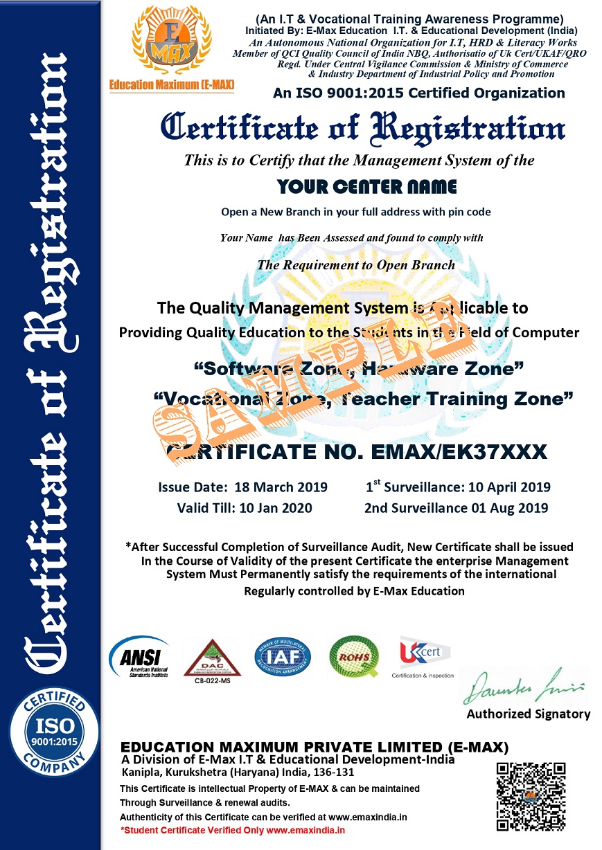 Registration certificate EMAX - E-Max Computer Education No.1 Computer ...